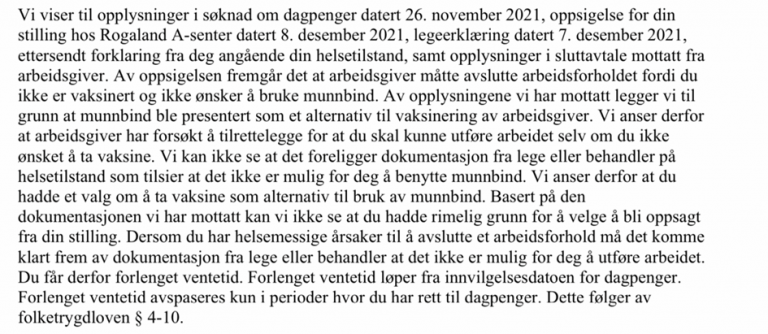 Uvaksinert, oppsagt og dagpenger fra NAV - Foreningen lov og helse